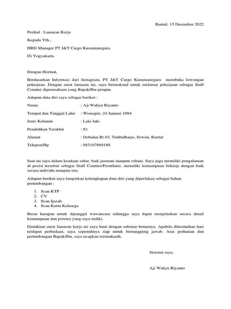 Lamaran Staff Counter J&T Cargo | PDF
