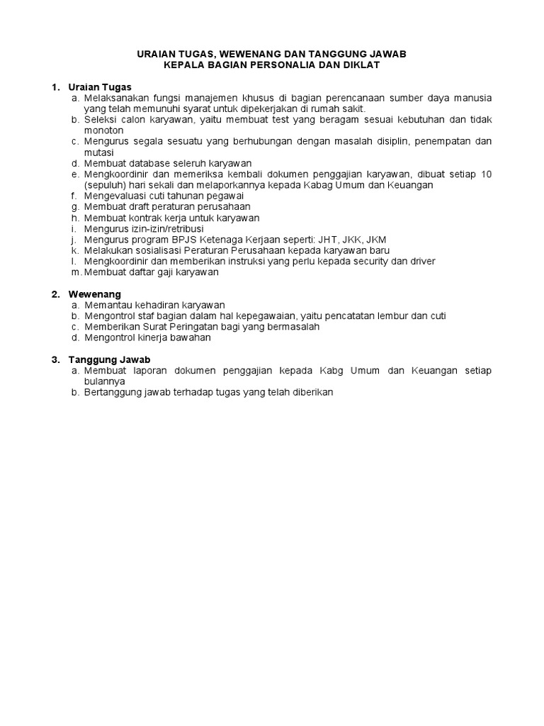 Uraian Tugas, Wewenang Dan Tanggung Jawab Kepala Bagian Personalia Dan ...