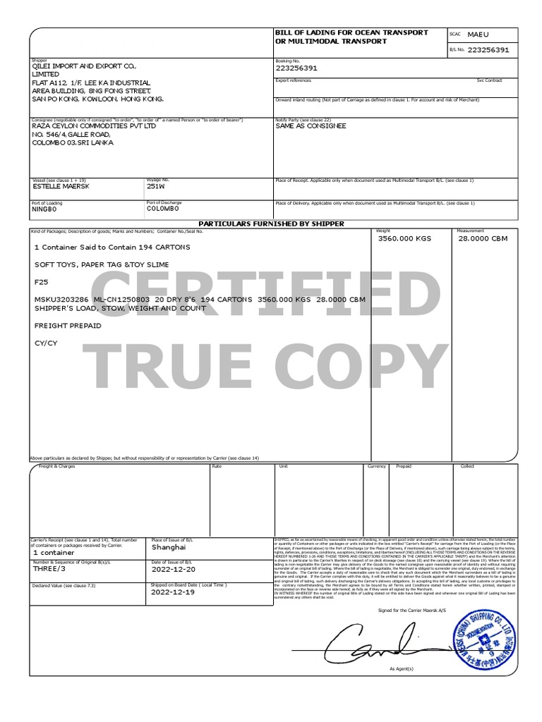 Certified True Copy: Bill of Lading For Ocean Transport or Multimodal ...