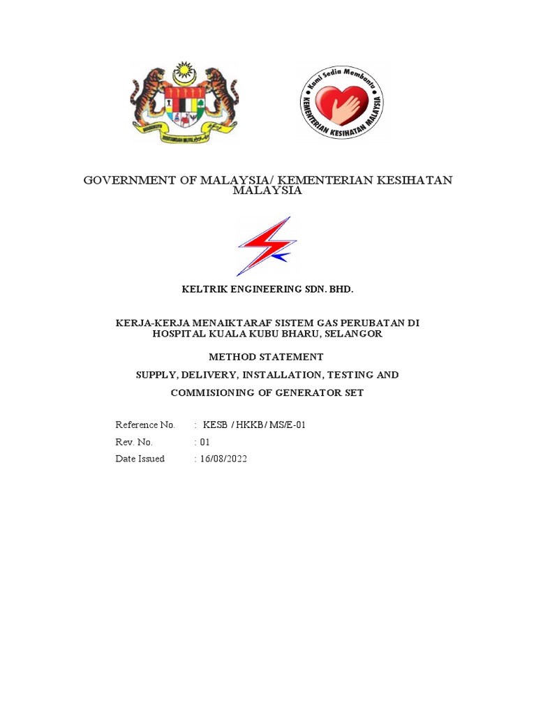 1 - REV Method Statement For Generator Set | PDF | Verification And ...