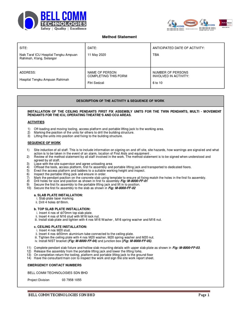 Installing Ceiling Pendants Method Statement | PDF | Equipment | Manufactured Goods