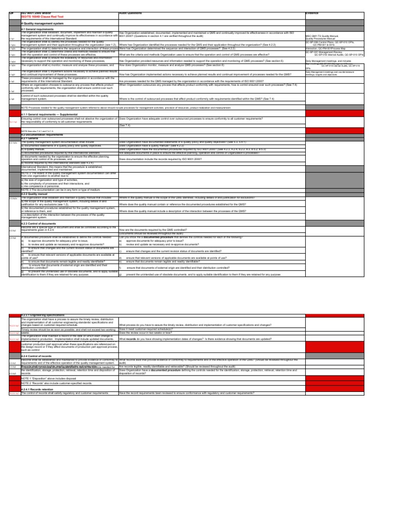 TS 16949 Internal Audit Checklist - Sections | PDF | Quality Management ...