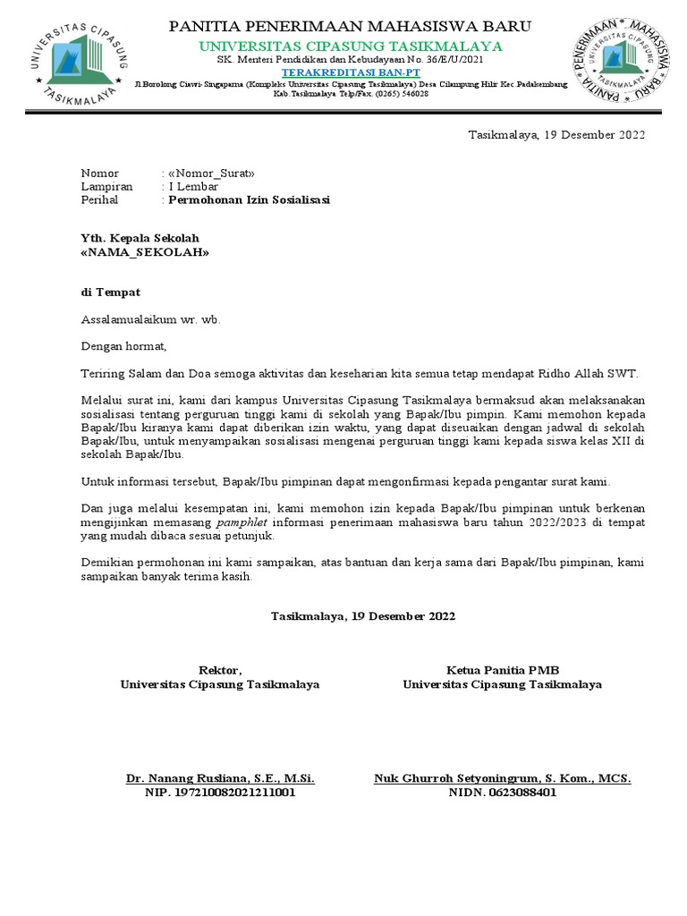 Surat Izin Sosialiasi UNCIP 2023 | PDF