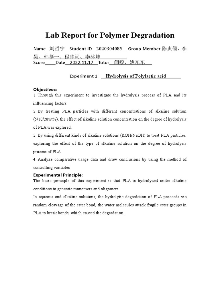 PLA Hydrolysis Lab Report | PDF | Polymers | Polymerization