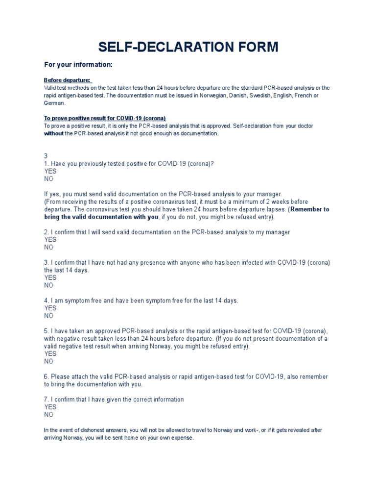 COVID-19 Self-Declaration Form | PDF