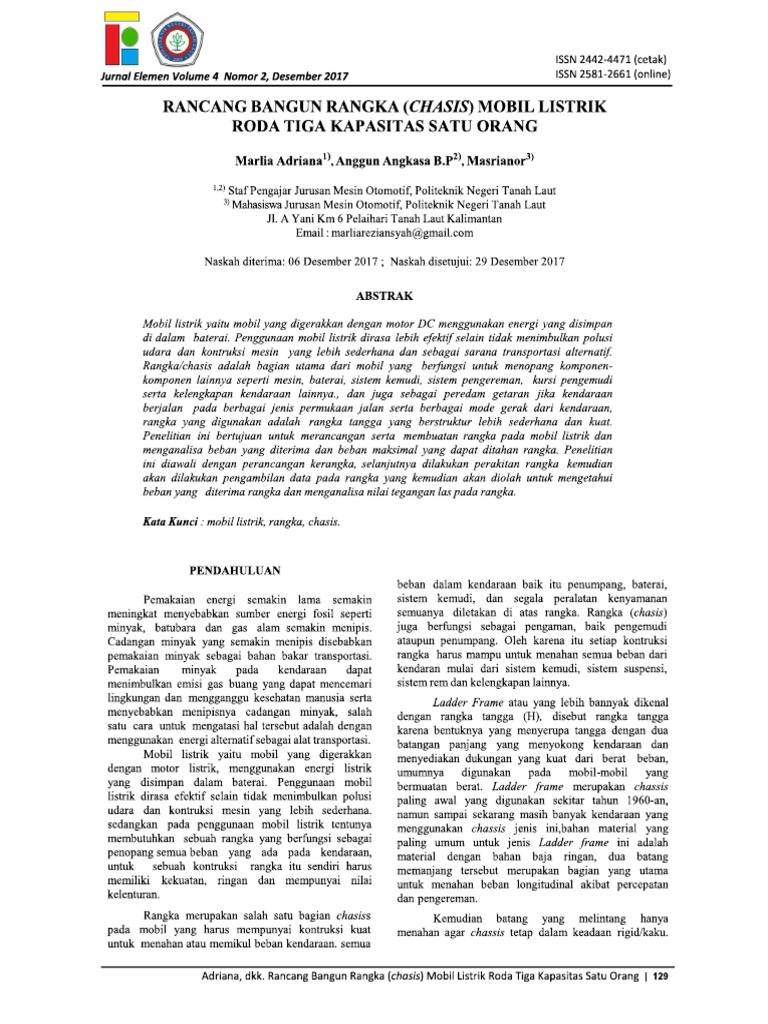 JURNAL Rancang Bangun Rangka (Chasis) Mobil Listrik Roda Tiga Kapasitas ...