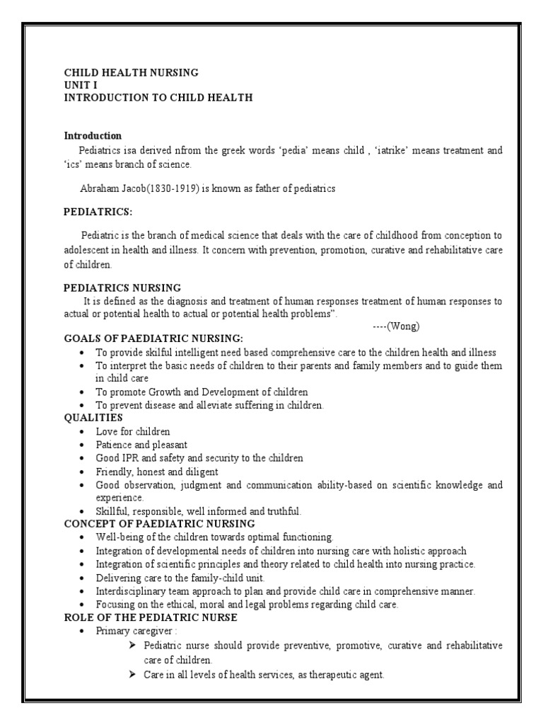 CHILD HEALTH NURSING Unit I Stuents Notes Notes | PDF | Grief | Surgery