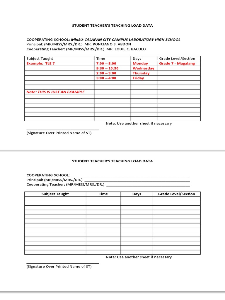 STeachers Teaching Load Form | PDF | Career & Growth | Wellness