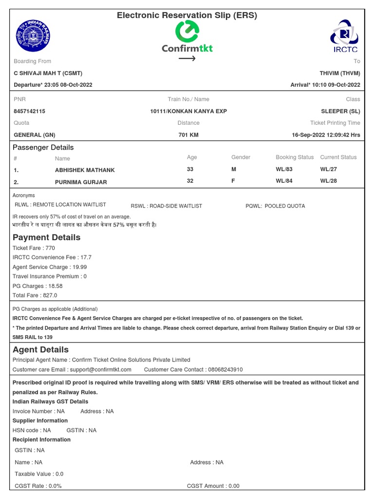 Goa Train Ticket | PDF