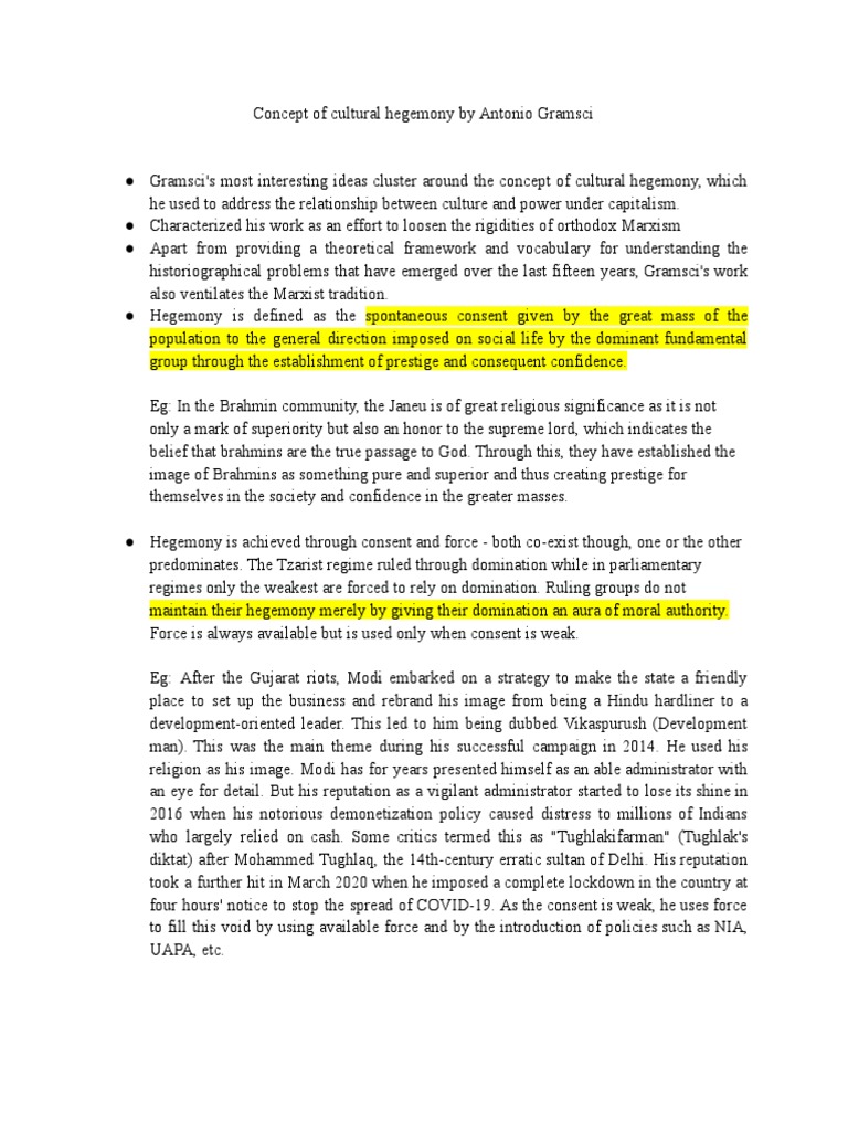 Concept Of Cultural Hegemony By Antonio Gramsci Pdf Communication