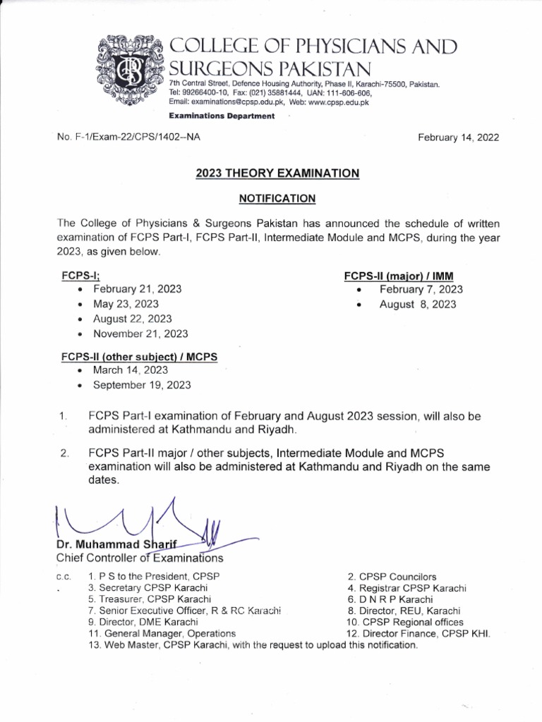 2023 Examination Schedule and Notification for FCPS, MCPS, and ...