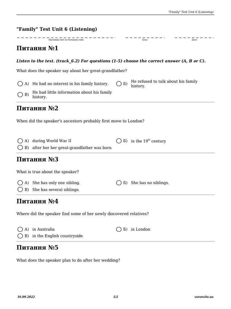 Family Test Unit 6 Listening 20220916 143856 | PDF