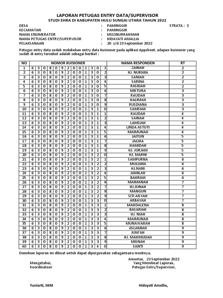 Laporan Enumerator Dan Petugas Entry Supervisor | PDF