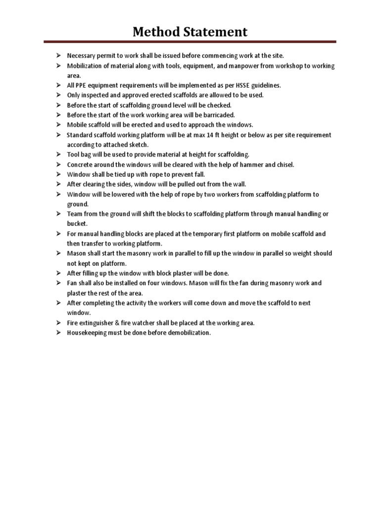 Method Statement For Windows Removal and Masonry Work. | PDF