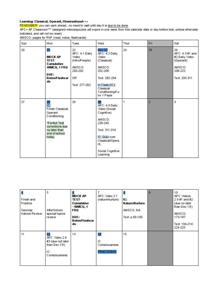 Ap Psychology Calander Classical and Operant Conditioning | PDF ...
