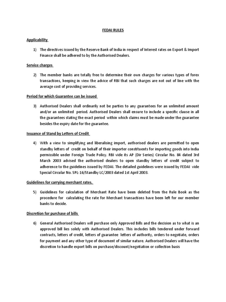 FEDAI Rule On Exports Imports | PDF | Reserve Bank Of India | Letter Of ...