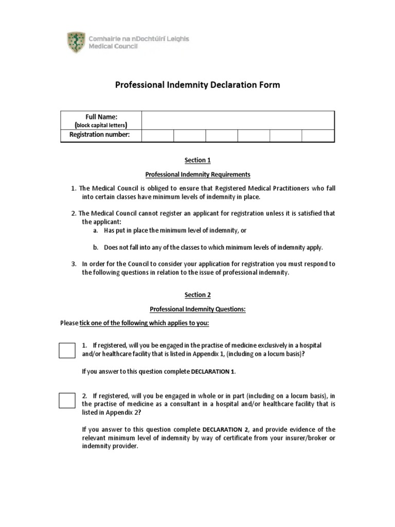 Professional Indemnity Declaration Form | PDF | Medicine | Physician