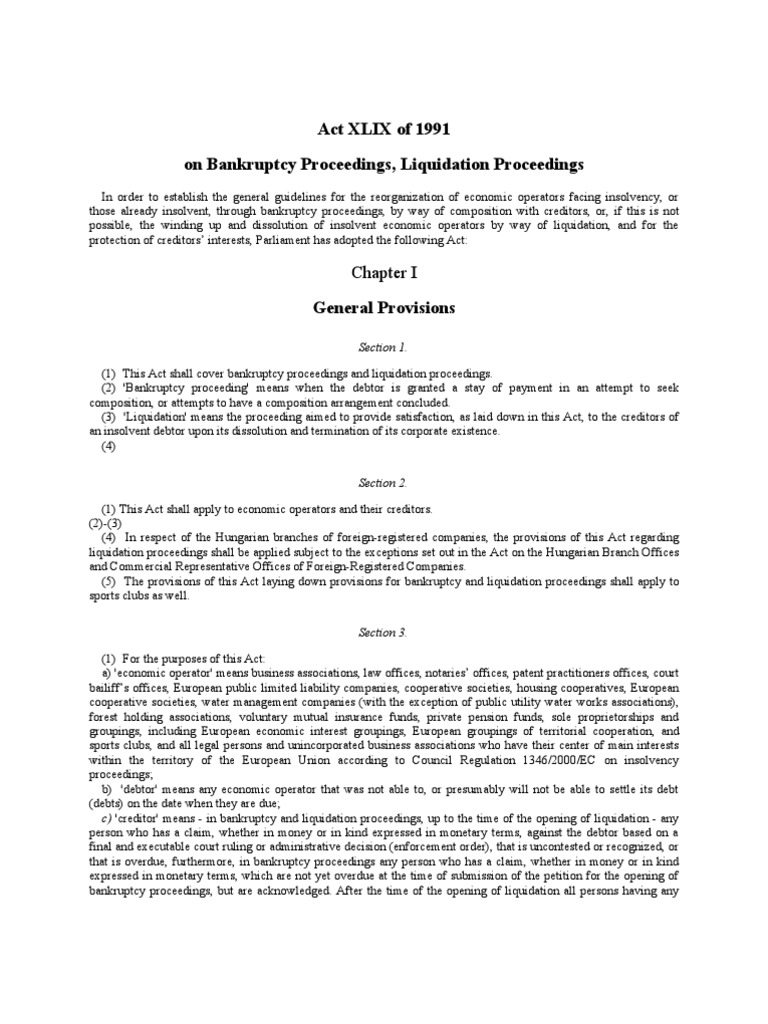 Act XLIX of 1991 - CSTV - en | PDF | Bankruptcy | Liquidation