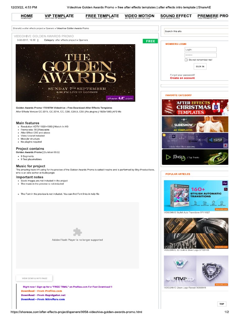 Videohive Golden Awards Promo Free Af... After Effects Intro Template ...