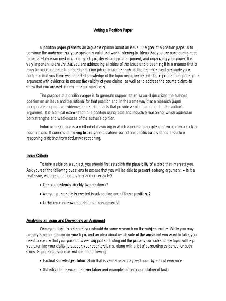 Writing A Position Paper Part One | PDF | Argument | Inductive Reasoning