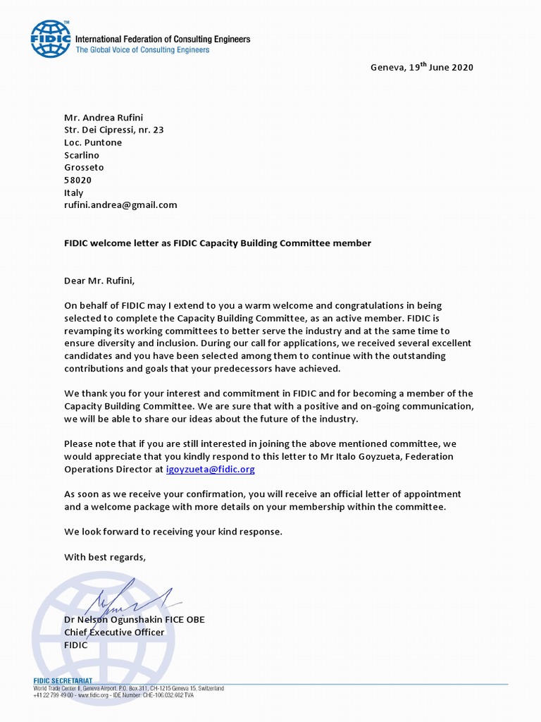 FIDIC Welcome Letter As FIDIC Capacity Building Committee Member | PDF