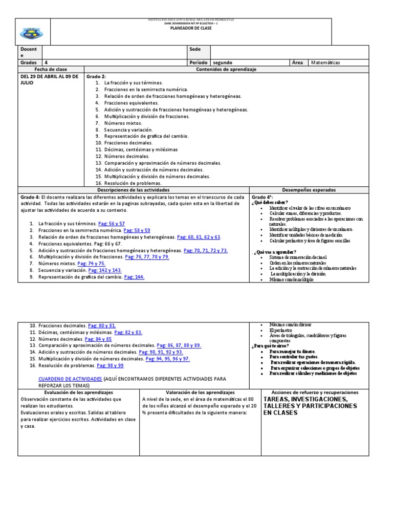 Plan de Clase Grado 4 Matematicas | PDF | Sustracción | Decimal