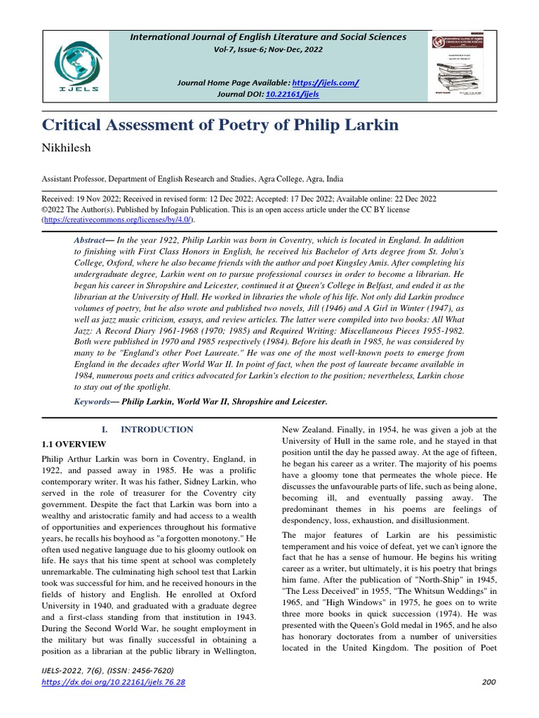 Critical Analysis of Philip Larkin's Poetry | PDF | Poetry