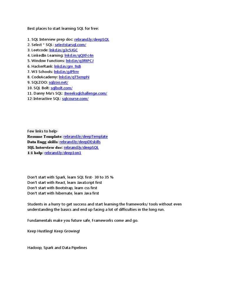 Free SQL Learning Resources Guide | PDF