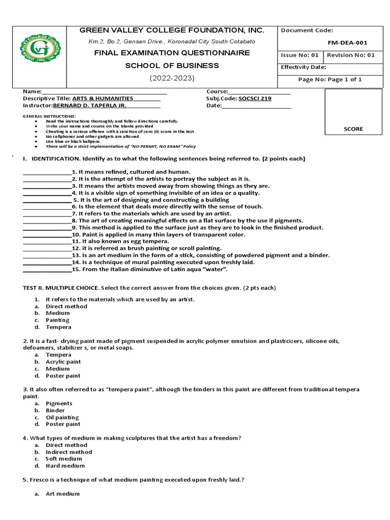 Finalexquestionaire - SOCSCI 219 FINAL | PDF | Paintings | Paint