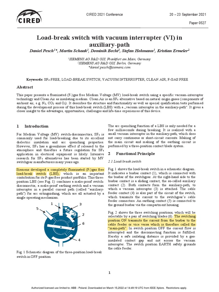 Load-Break Switch With Vacuum Interrupter VI in Auxiliary-Path Siemens ...