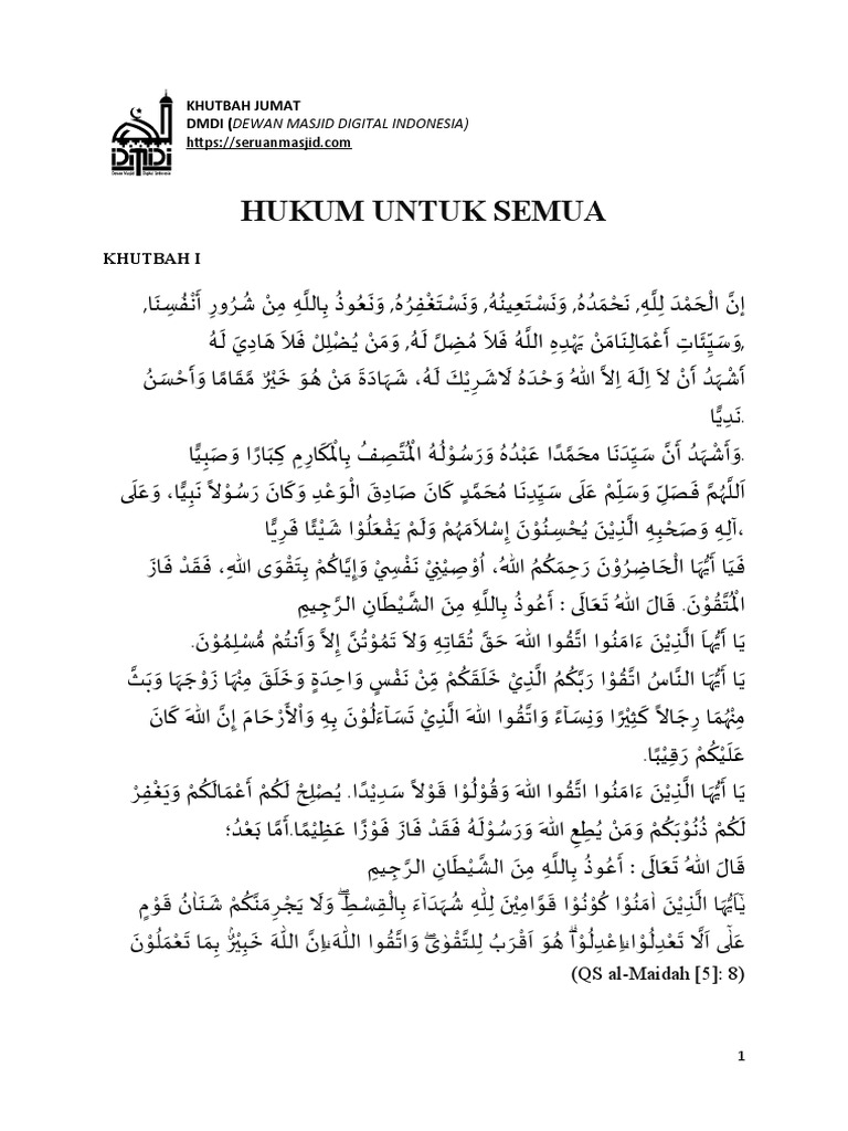 B Ind Khuthbah Jumat DMDI No 3 2022 Hukum Untuk Semua | PDF B Ind Khuthbah Jumat DMDI No 3 2022 Hukum Untuk Semua | PDF