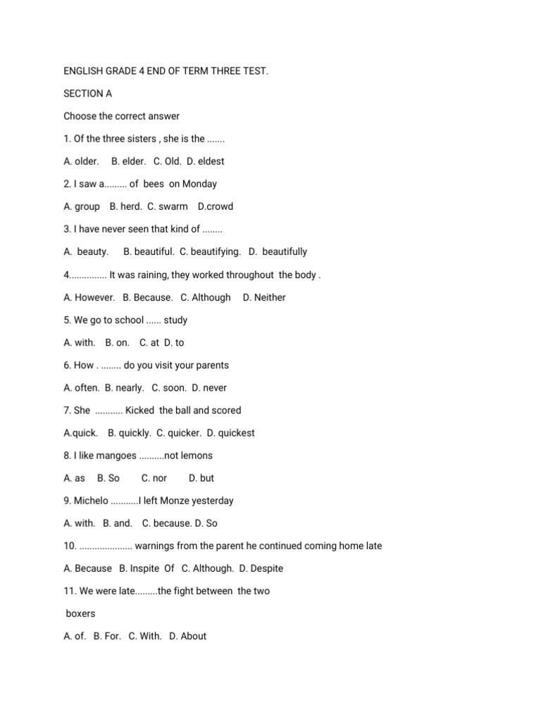 ENGLISH GRADE 4 END OF TERM THREE TEST(1) | PDF