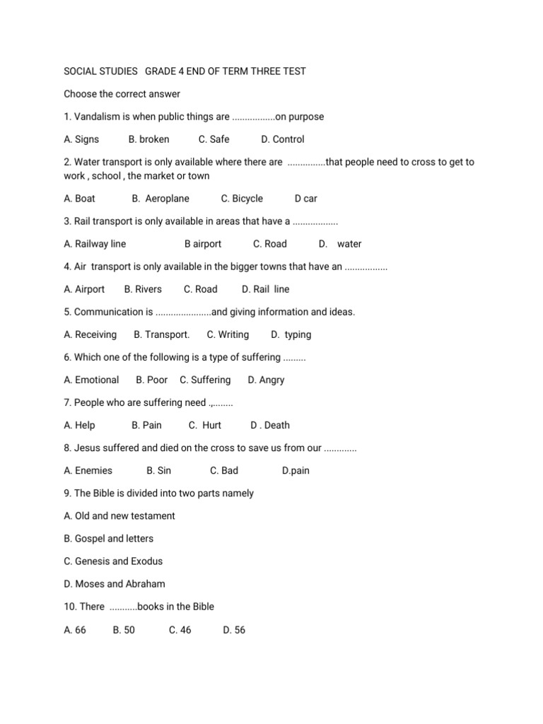 Grade 4 Social Studies Term 3 Test | PDF
