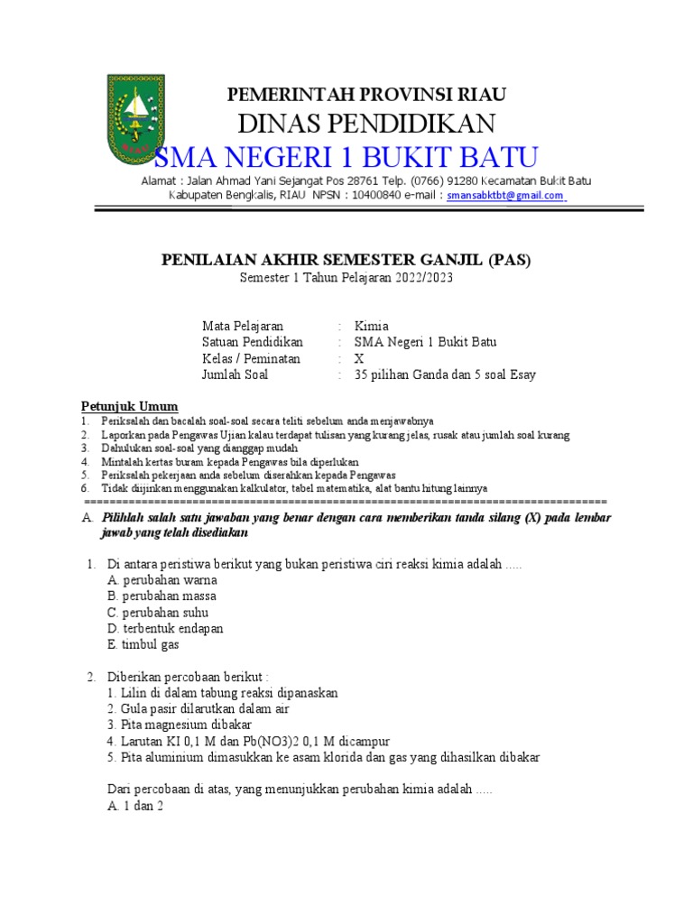 Soal PAS Ganjil Kimia Kelas X 2022 - X-2022-2023 | PDF | Teknologi & Rekayasa