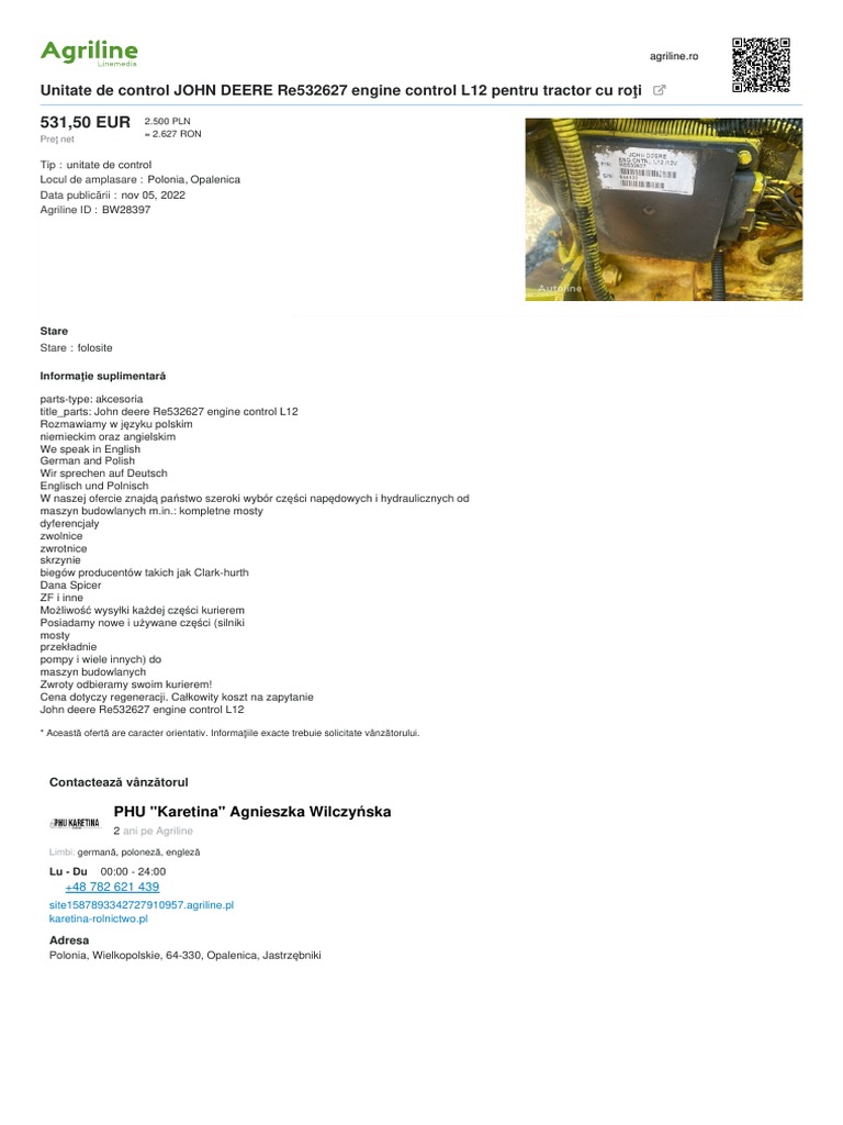 Piesa de Schimb Unitate de Control JOHN DEERE Re532627 Engine Control ...