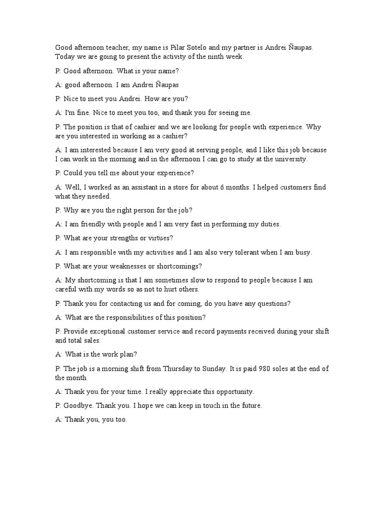 Job Interview Role Play: Cashier Position | PDF