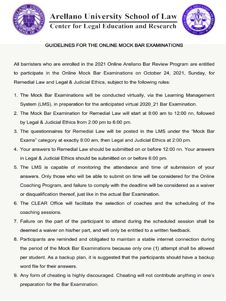 Guidelines For Online Mock Bar Exam Bar Review | PDF
