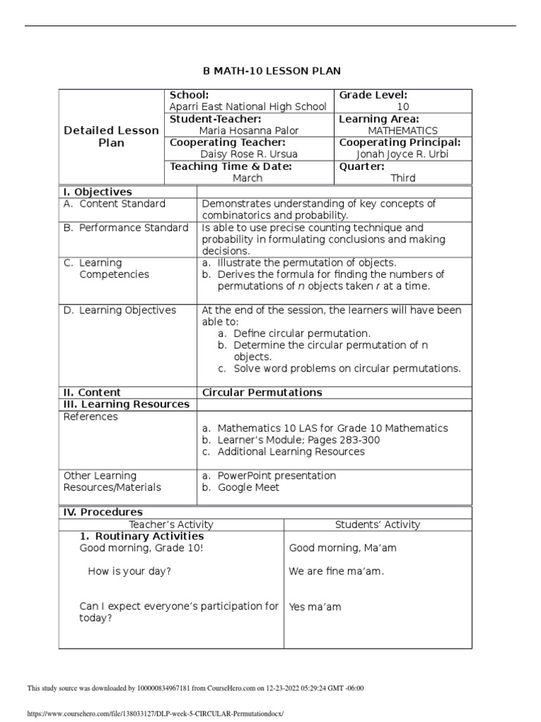 Circular Permutations for Grade 10 | PDF | Permutation | Learning