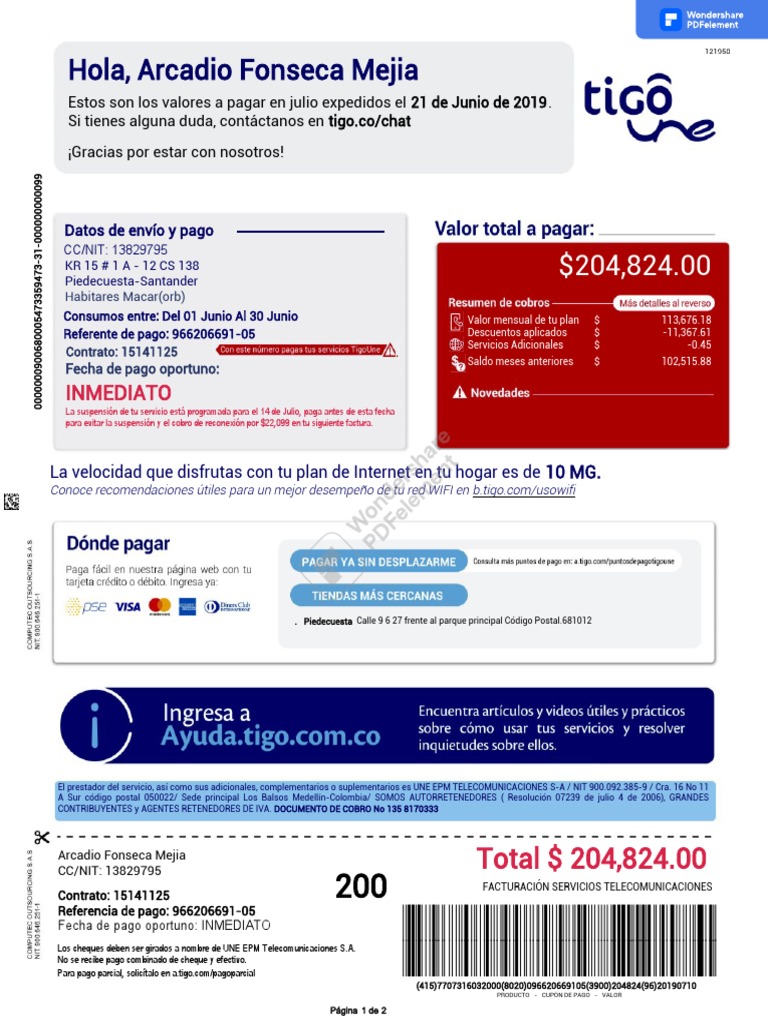 Factura Tigo 2019piedecuesta | PDF | Medios de comunicación en masa ...
