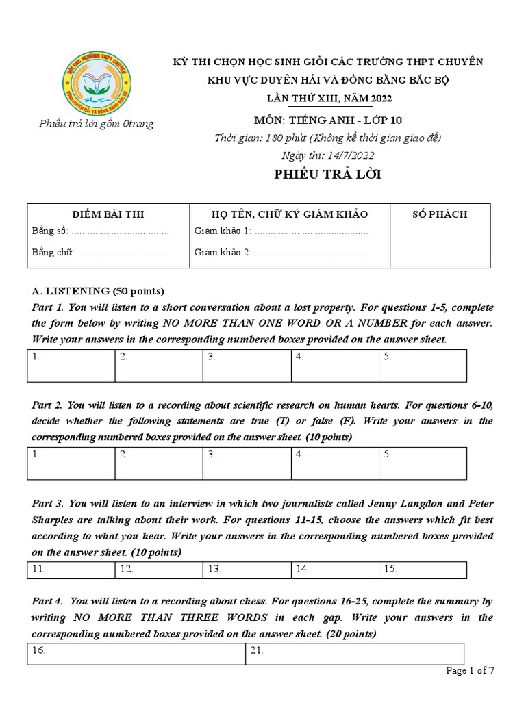 Phiếu Trả Lời Môn Anh - Dhbb k10 - 2022 | PDF | Grammar | Human Communication