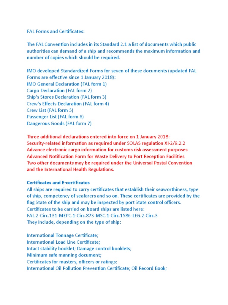 FAL Forms and Certificates Overview | PDF | Ships | Cargo