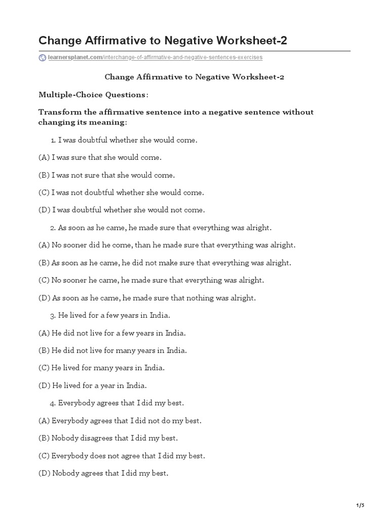 Change Affirmative To Negative Worksheet 2 Pdf