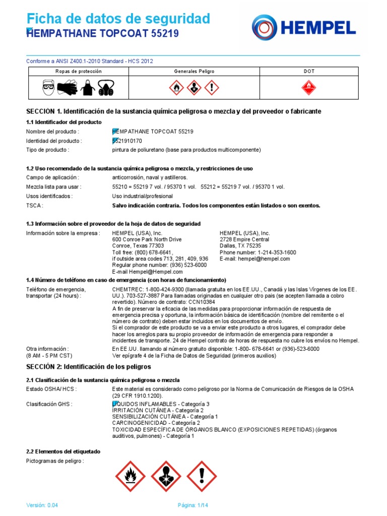 Ficha de Datos de Seguridad HEMPATHANE TOPCOAT 55219 | PDF | Agua ...