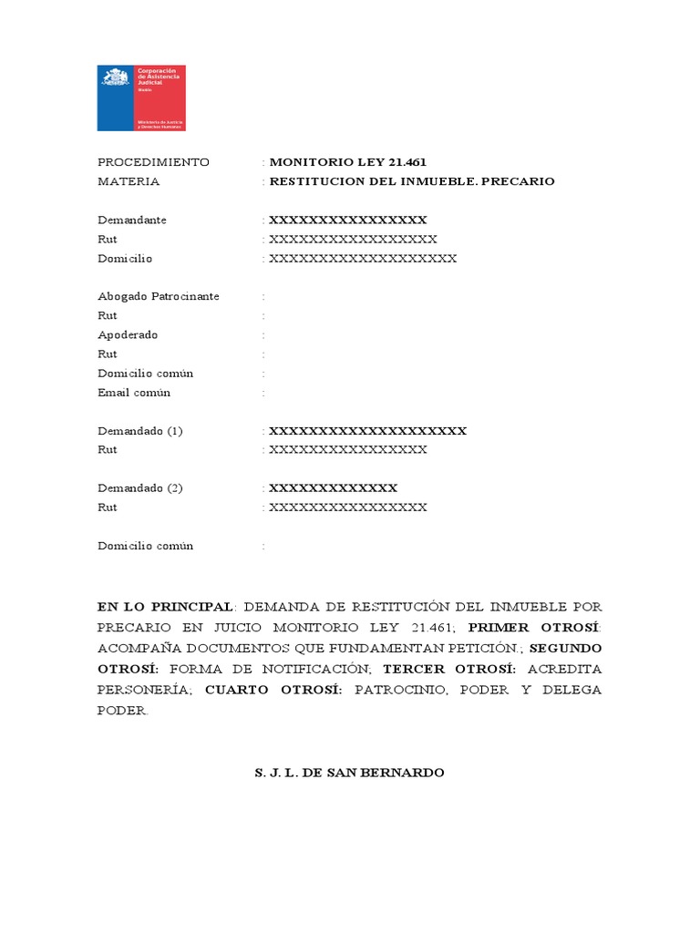 Demanda Monitorio - Precario (Modelo) | PDF | Propiedad | Justicia