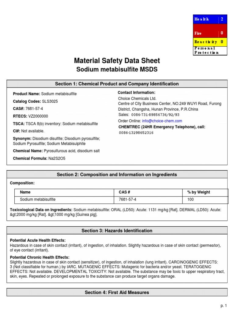 MSDS Sodium Metabisulphite | Download Free PDF | Toxicity | Water