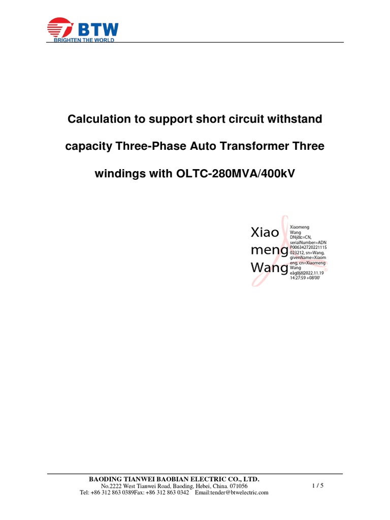 Short Circuit Capacity of 280MVA Transformer | PDF | Transformer ...