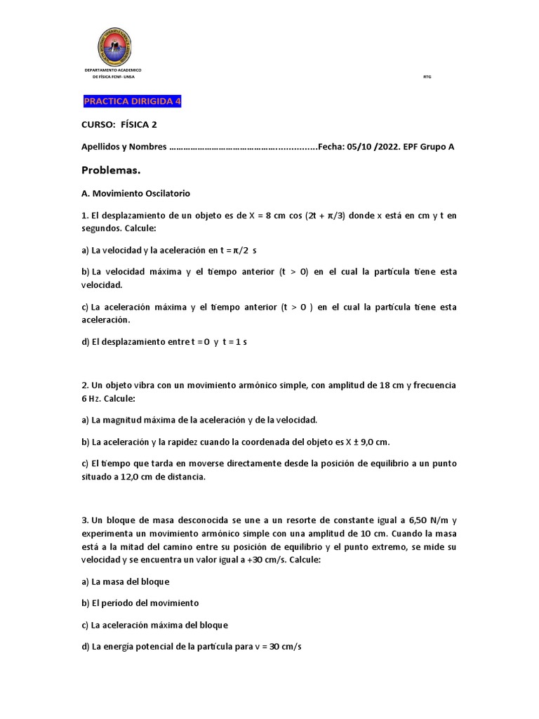 PrÃ¡ctica Dirigida 1 Mvto Oscilatorio.. Fase 2 | PDF