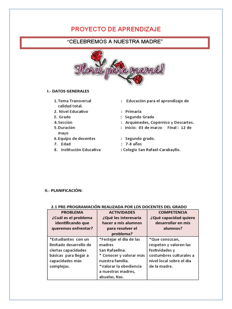 PROYECTO DE APRENDIZAJE Dia de La Madre | PDF | Familia | Evaluación