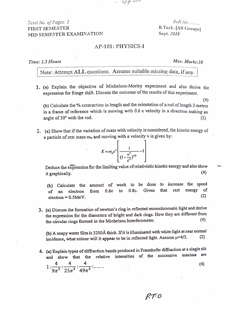 B.Tech Physics-I Mid Semester Exam 2018 | PDF | Diffraction | Waves