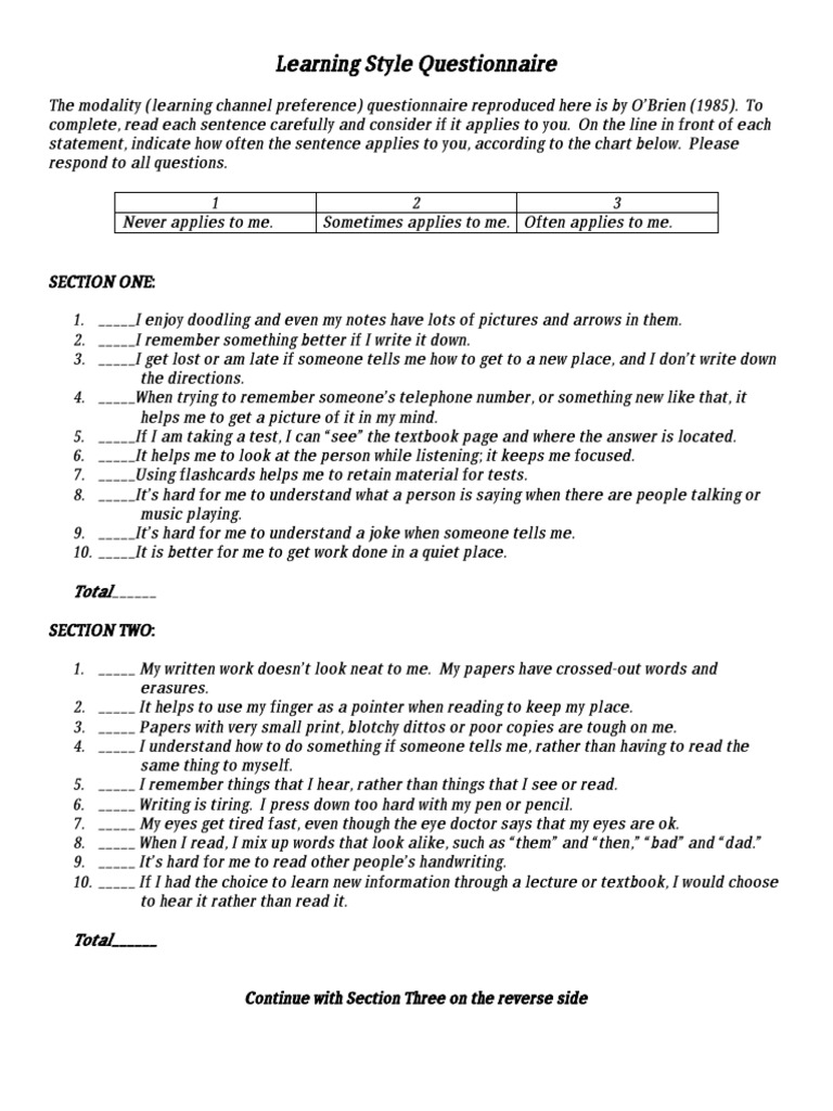 Learning Style Questionnaire | PDF